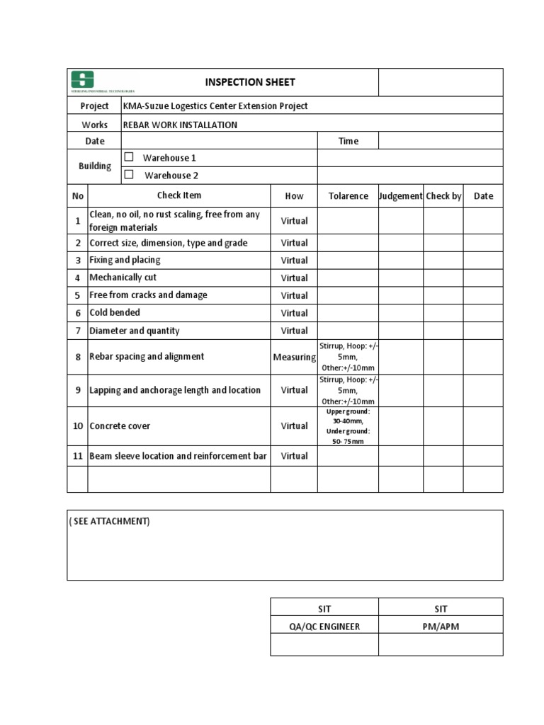 INSPECTION SHEET (Rebar) | PDF