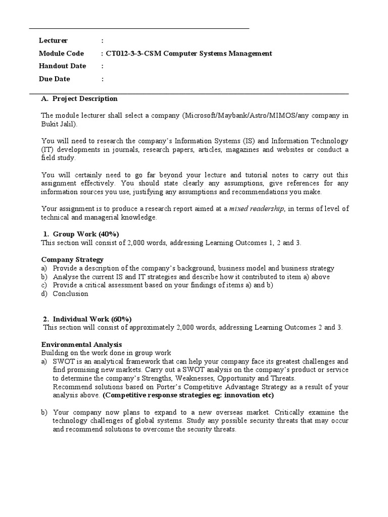 Lecturer: Module Code: CT012-3-3-CSM Computer Systems Management ...