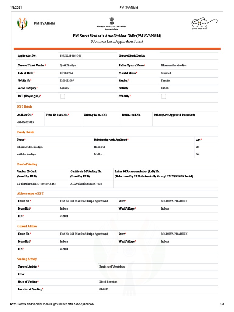 PM Street Vendor'S Atmanirbhar Nidhi (PM Svanidhi) : (Common Loan Application Form) | PDF ...