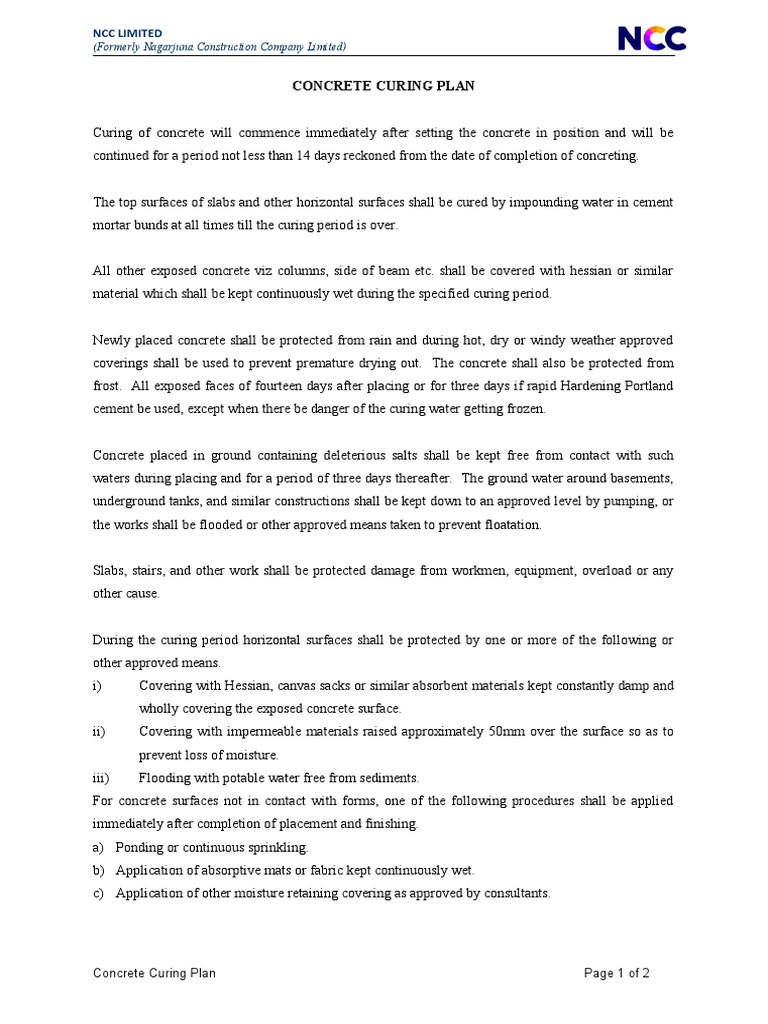 Concrete Curing Plan | PDF | Concrete | Building Materials