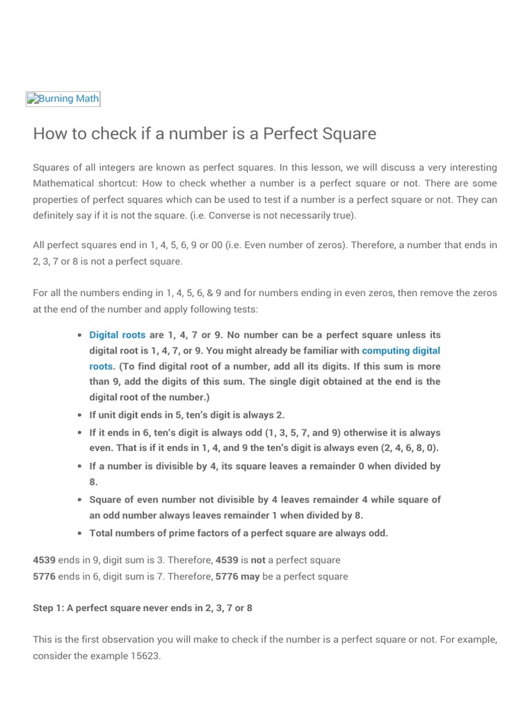 How To Check If A Number Is A Perfect Square | PDF | Numbers | Discrete ...