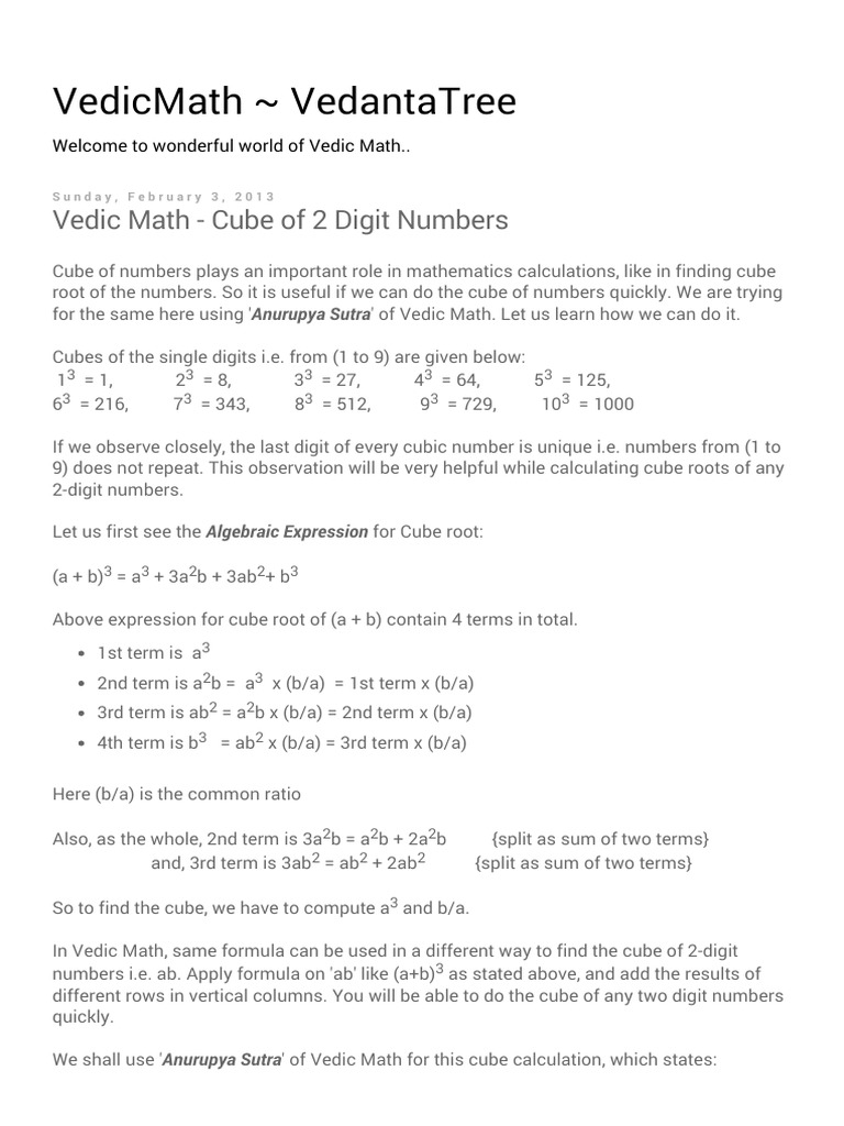 Vedic Math - Cube of 2 Digit Numbers | Download Free PDF | Mathematical ...