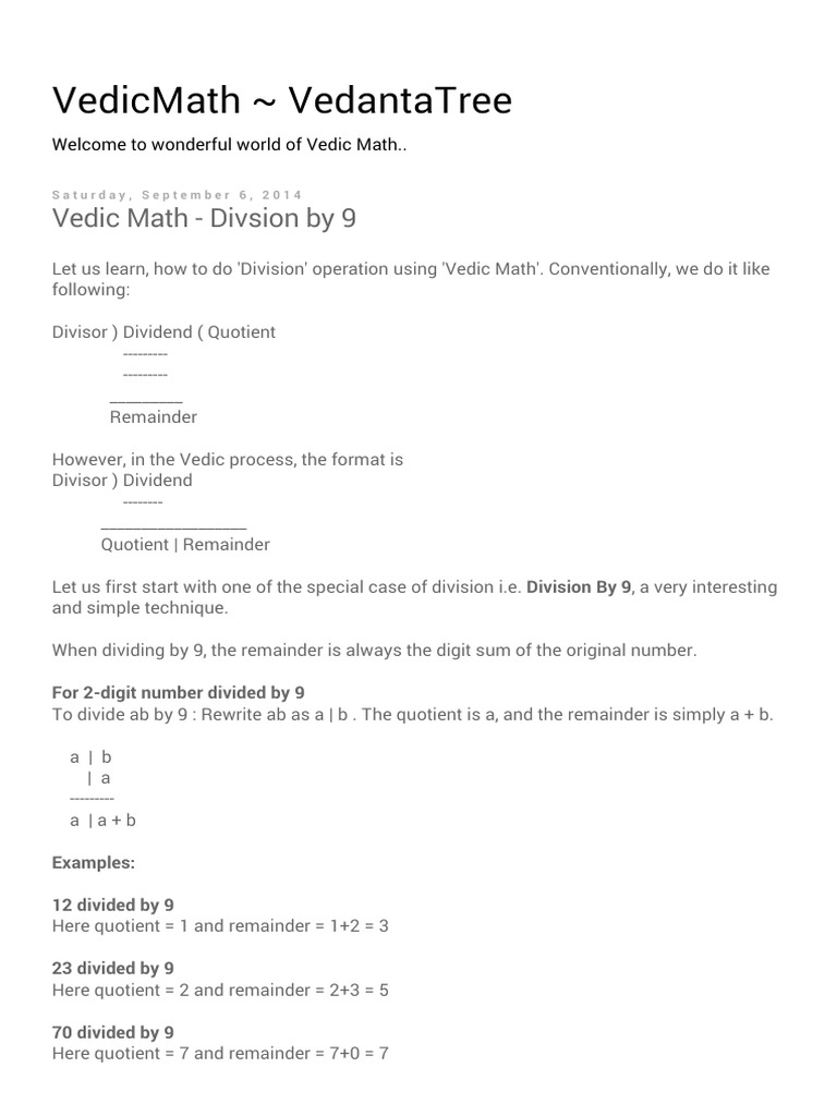 Vedic Math - Divsion by 9 | Download Free PDF | Division (Mathematics ...