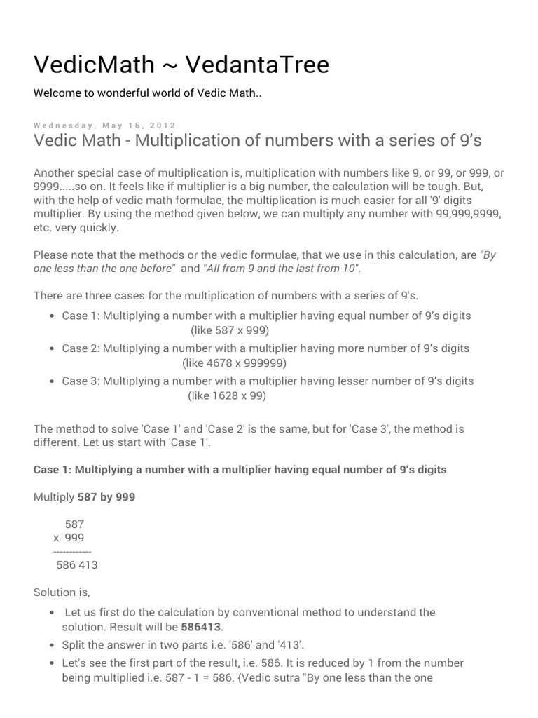 Vedic Math - Multiplication of Numbers With A Series of 9's | PDF ...