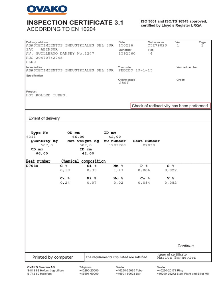 Inspection Certificate 3.1: According To en 10204 | PDF | Metals ...