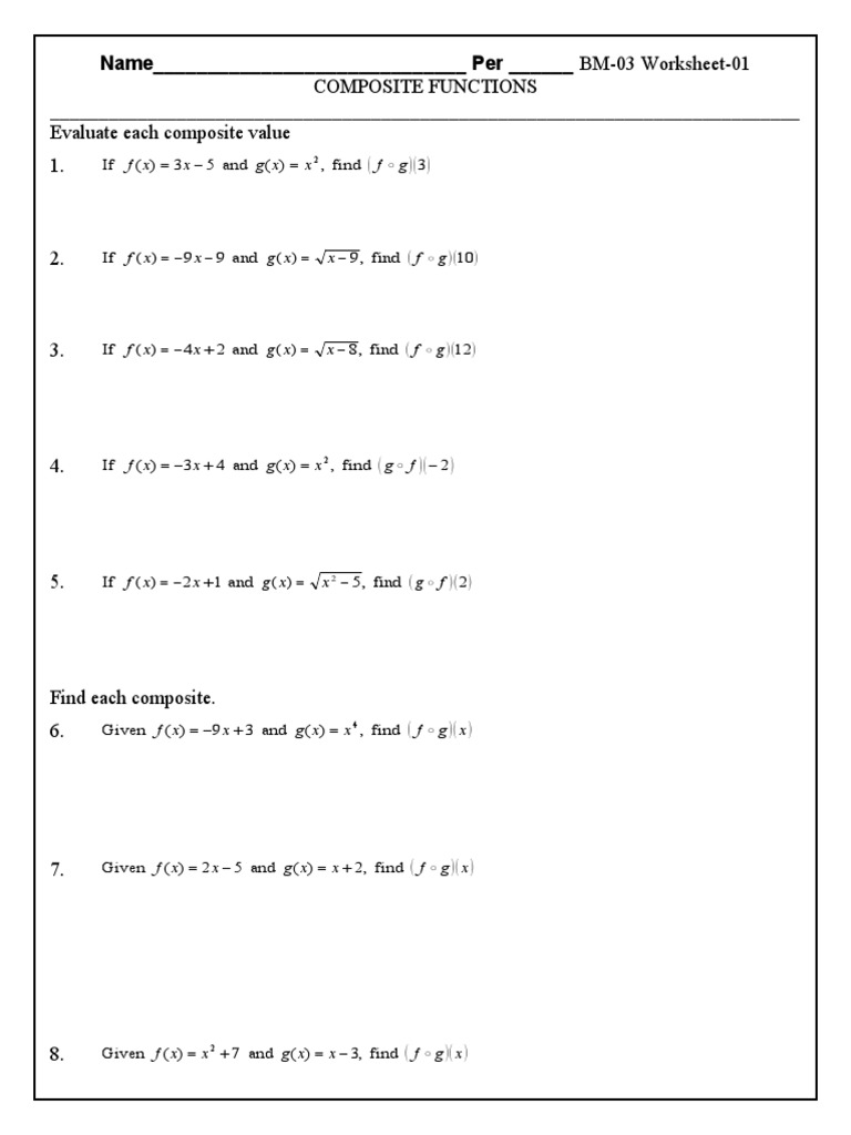 Composite Functions Practice Worksheet | PDF | Mathematical Analysis ...