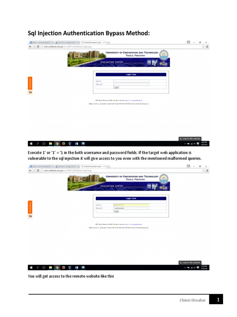 Sql Injection Authentication Bypass Method Chinni Diwakar Pdf Php Computer Science