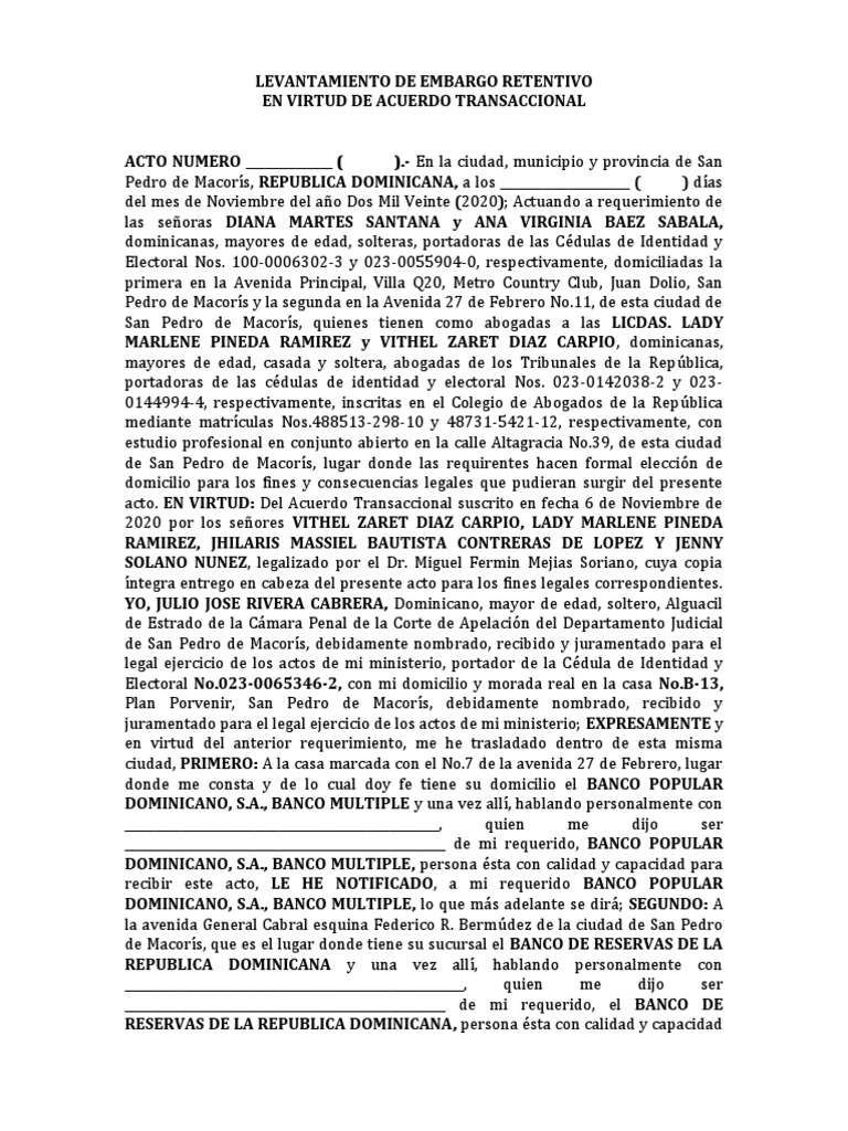 Levantamiento de Emabrgo Por Acuerdo Transaccional (Diana Martes-Ana ...