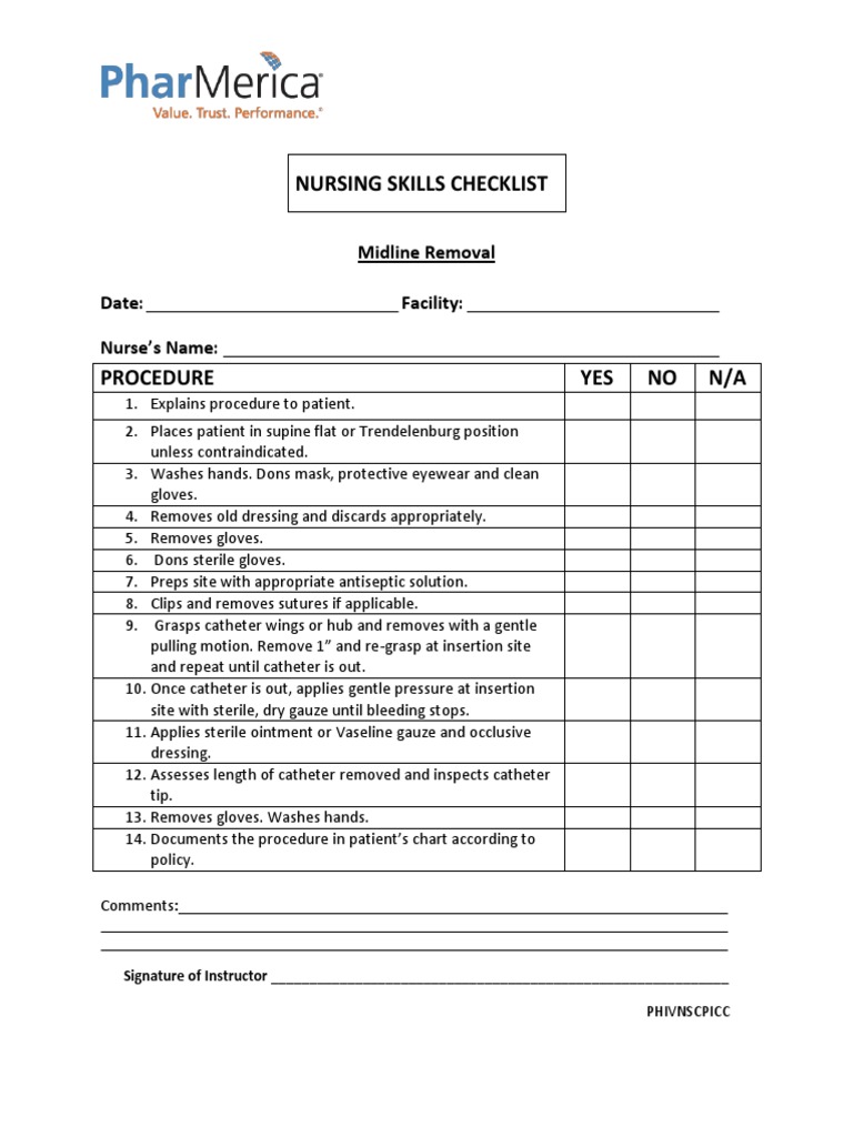 Nursing Skills Checklist: Midline Removal Date: Facility: Nurse's Name ...