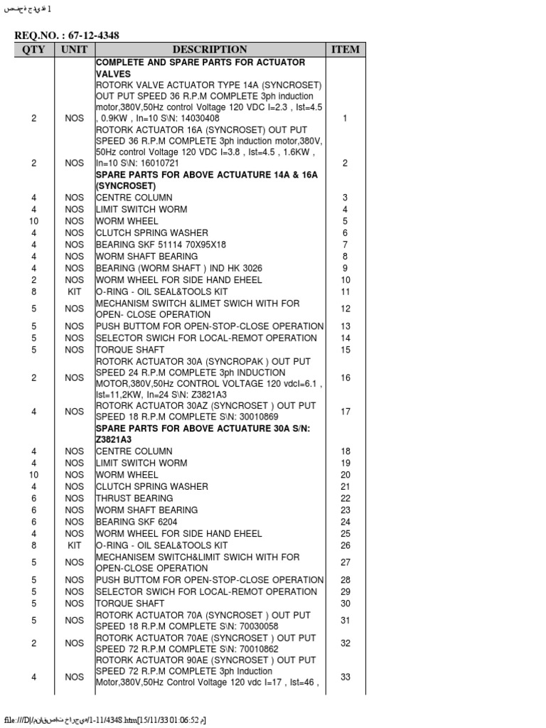 Rotork Actuator Parts and Specifications | PDF | Switch | Actuator