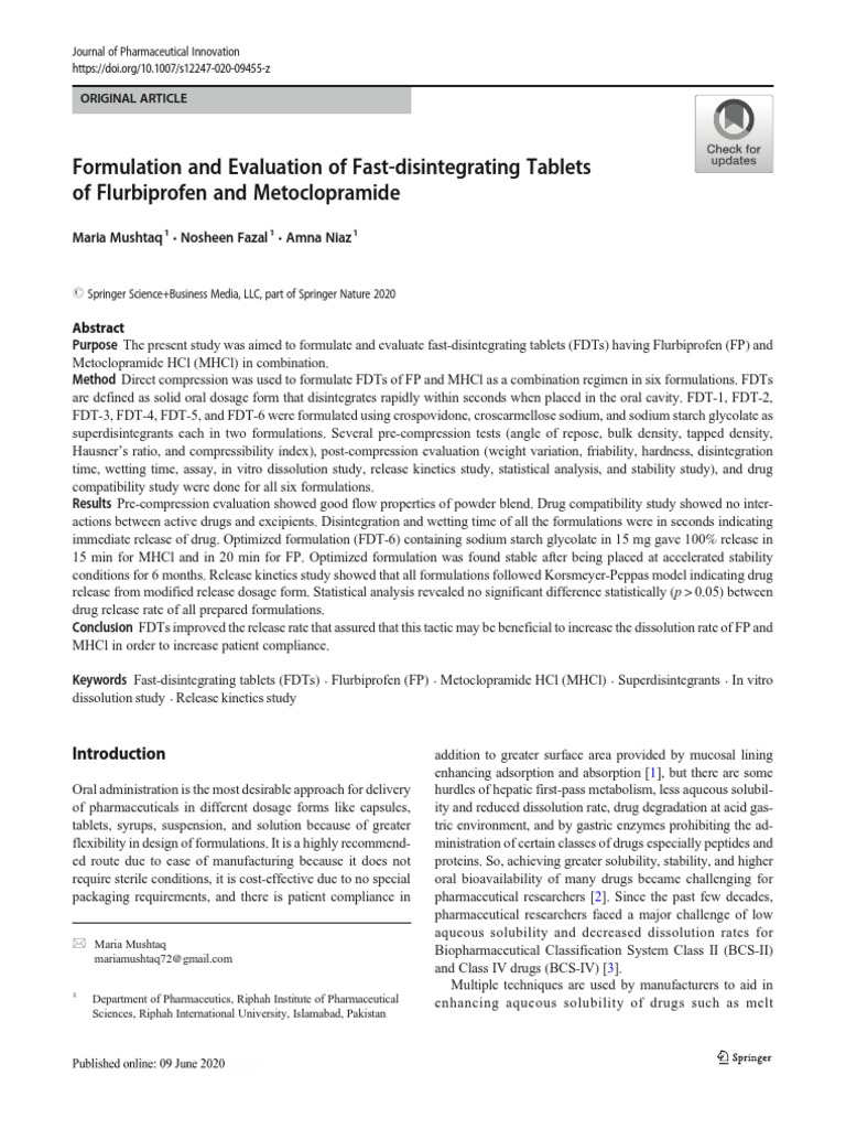 Formulation And Evaluation Of Fast Disintegrating Tablets Of Flurbiprofen And Metoclopramide