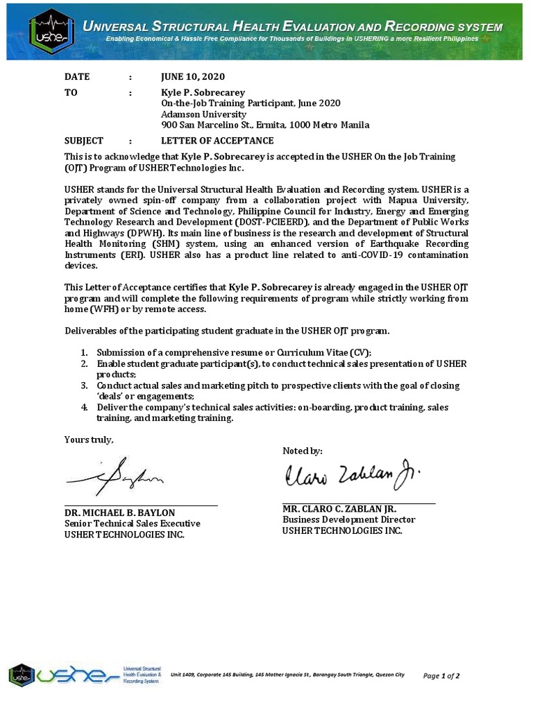 OJT acceptance letter for USHER Technologies | PDF | Business | Science