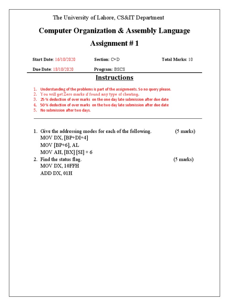 Computer Organization & Assembly Language Assignment # 1: Instructions ...