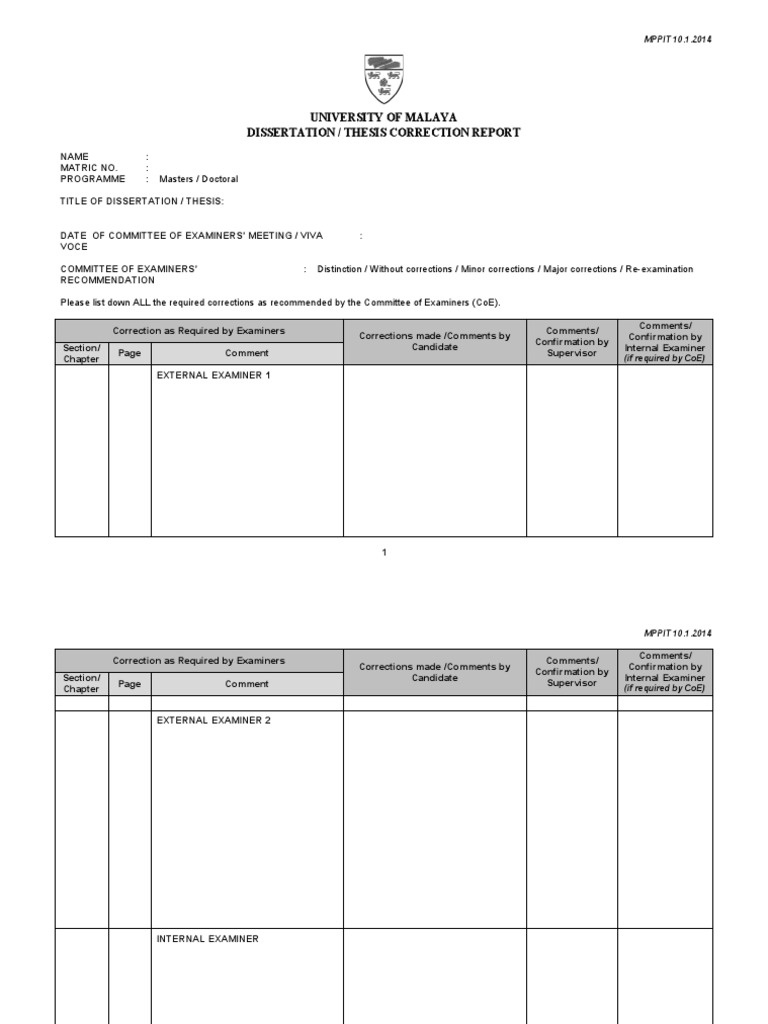IPS UM 161115 - Thesis or Dissertation Correction Report Form - Emel | PDF | Thesis | Document