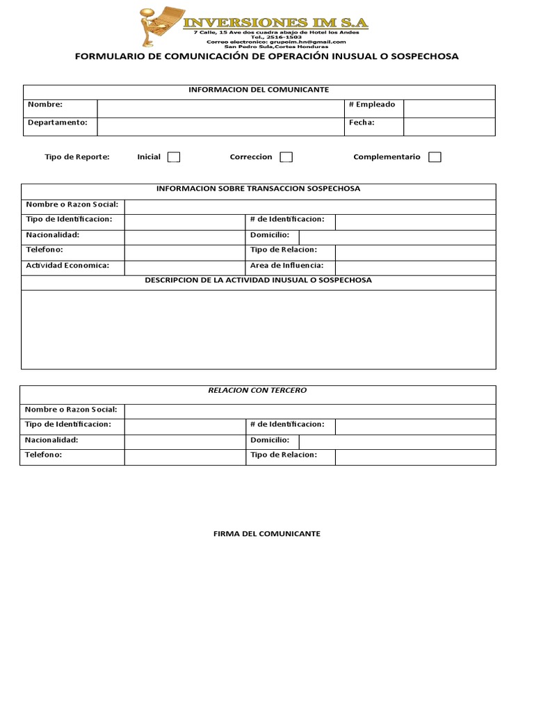 Formulario de Comunicación de Operación Inusual o Sospechosa | PDF