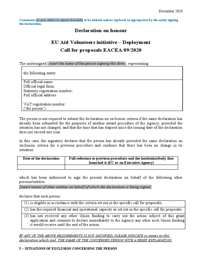 Eu Av Deployment 2020 Model Declaration On Honour | PDF | European Union | Bankruptcy