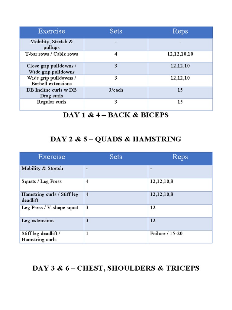 Exercise Sets Reps: Day 1 & 4 - Back & Biceps Day 2 & 5 - Quads ...