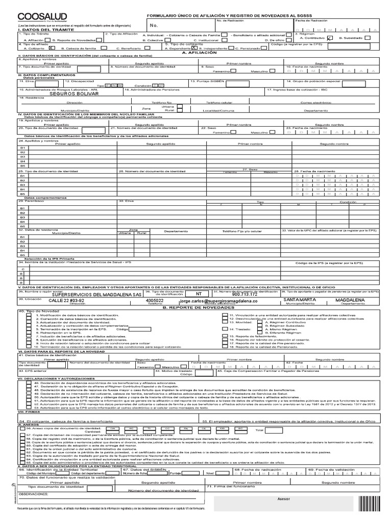 FORMULARIO Coosalud PDF | PDF