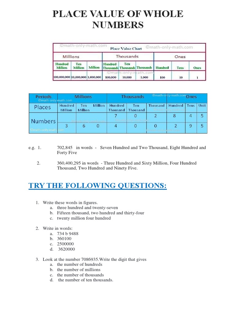 Place Value of Whole Numbers: Try The Following Questions | PDF ...