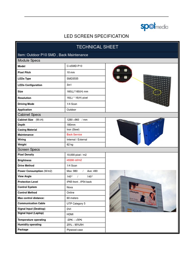 Led Screen Specification Technical Sheet PDF