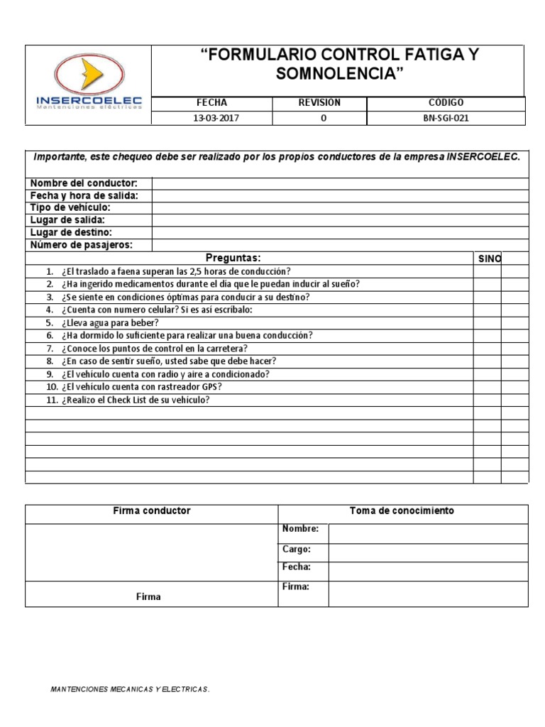 Bn-Sgi-021-Formulario de Fatiga y Somnolencia | PDF