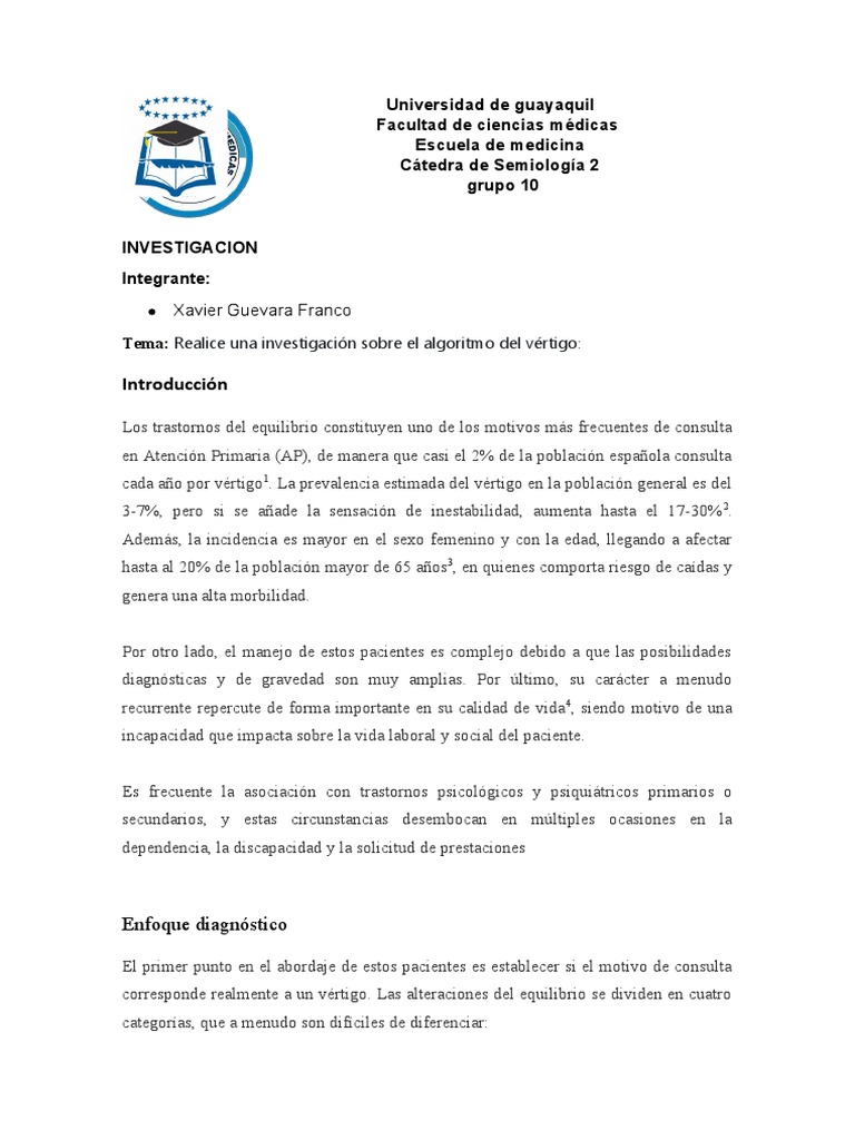 INVESTIGACION Algoritmo Del Vértigo | PDF | Vértigo | La enfermedad de ...
