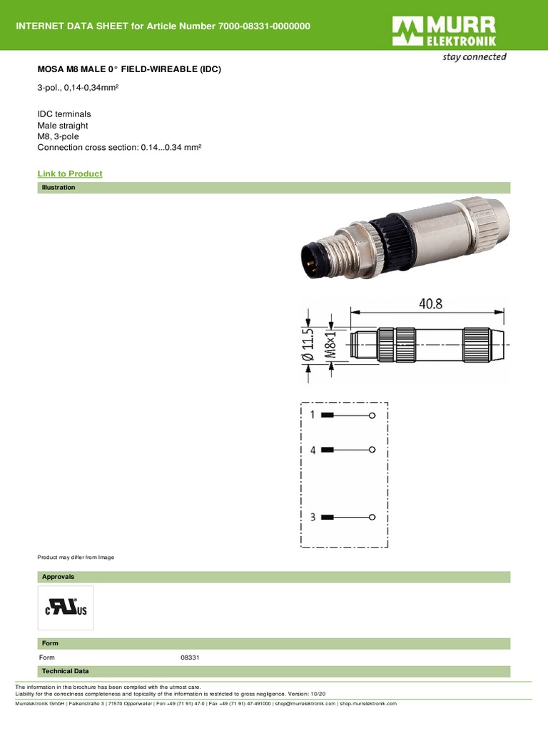 3-Pol., 0,14-0,34mm IDC Terminals Male Straight M8, 3-Pole Connection ...