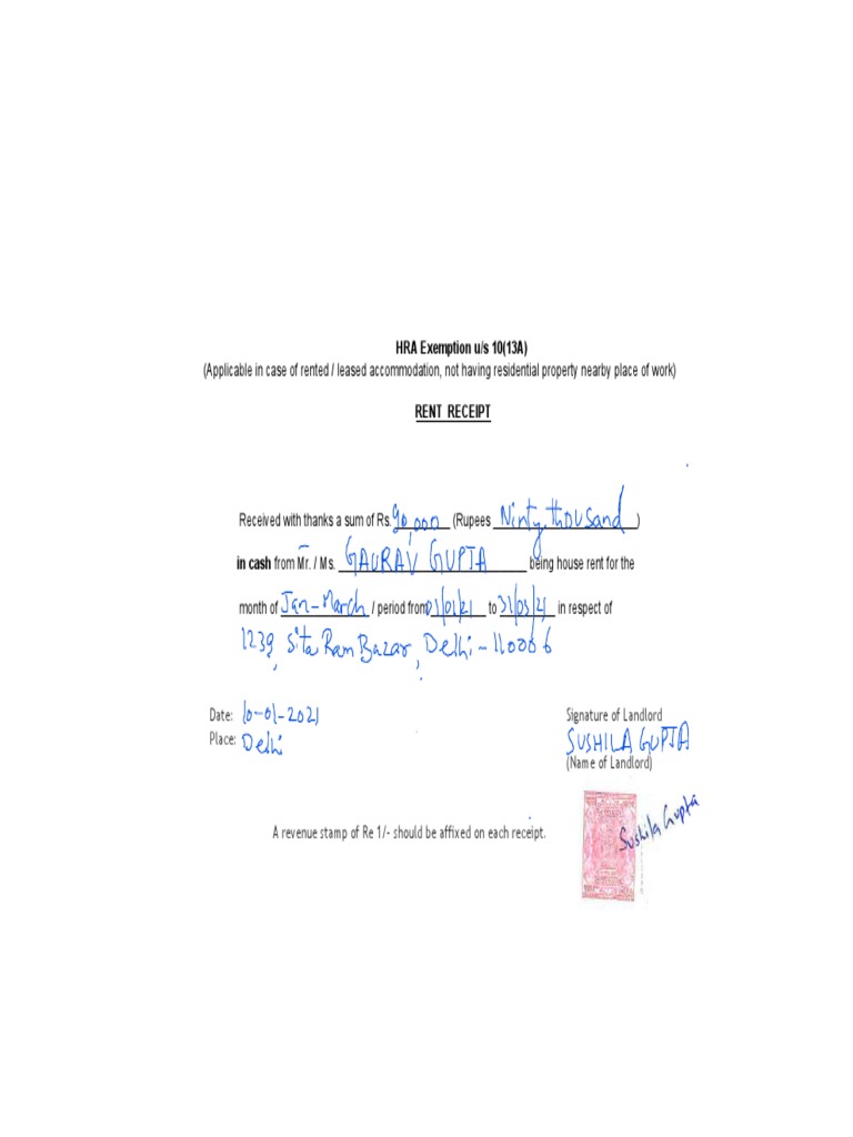 Format of Rent Receipt For HRA Relief FY 2020-21 (For Payment in Cash ...