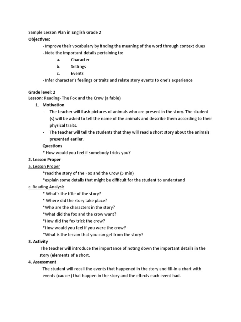 Sample Lesson Plan in English Grade 2 | PDF