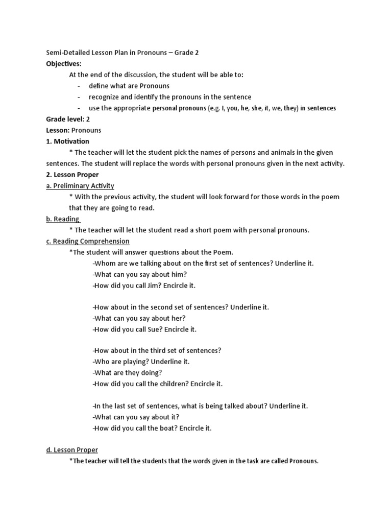 Semi-Detailed Lesson Plan For Pronouns - Grade 2 | PDF