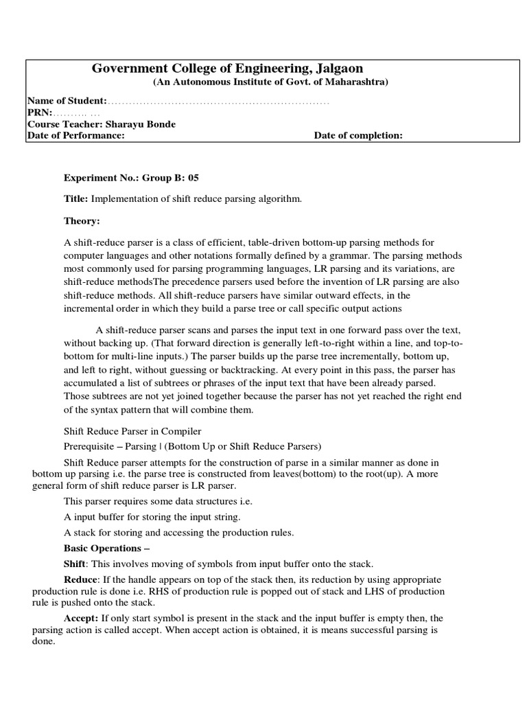 Shift Reduce Parsing Implementation | PDF | Parsing | Implementation