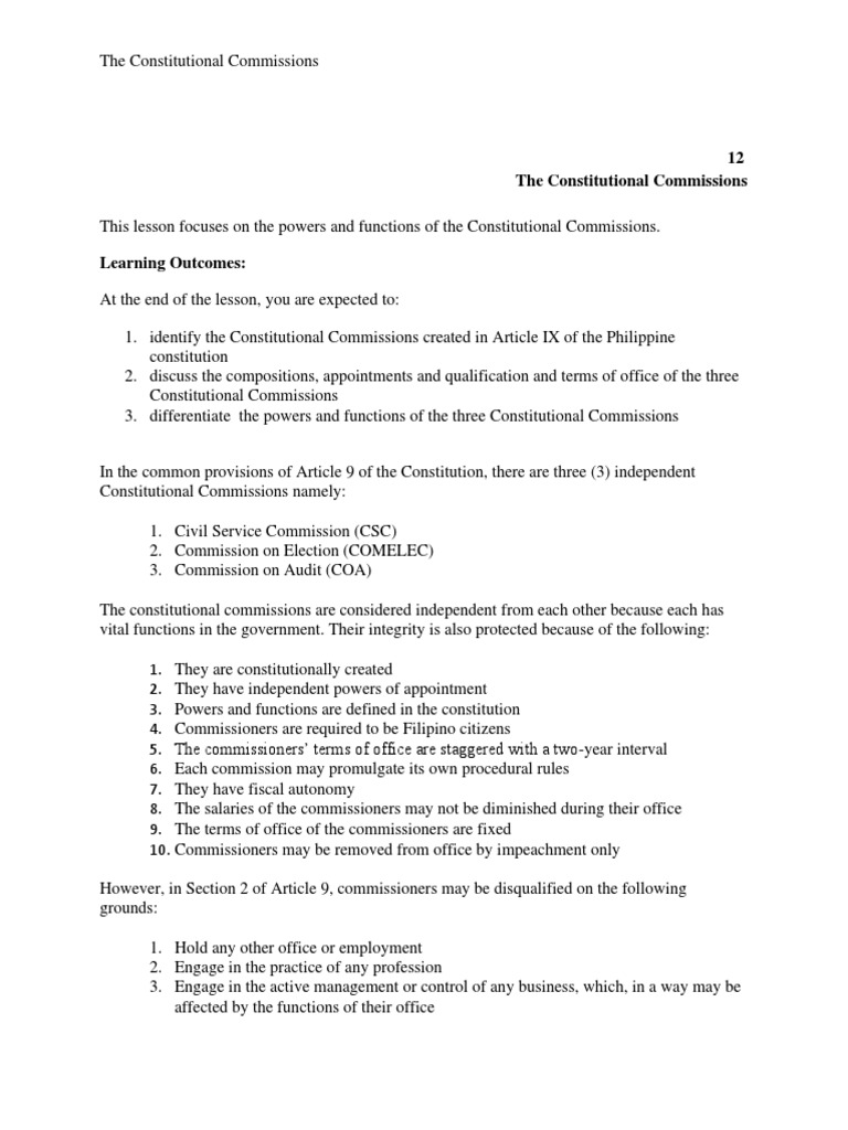 Overview of Philippine Constitutional Commissions | PDF | Commission On ...