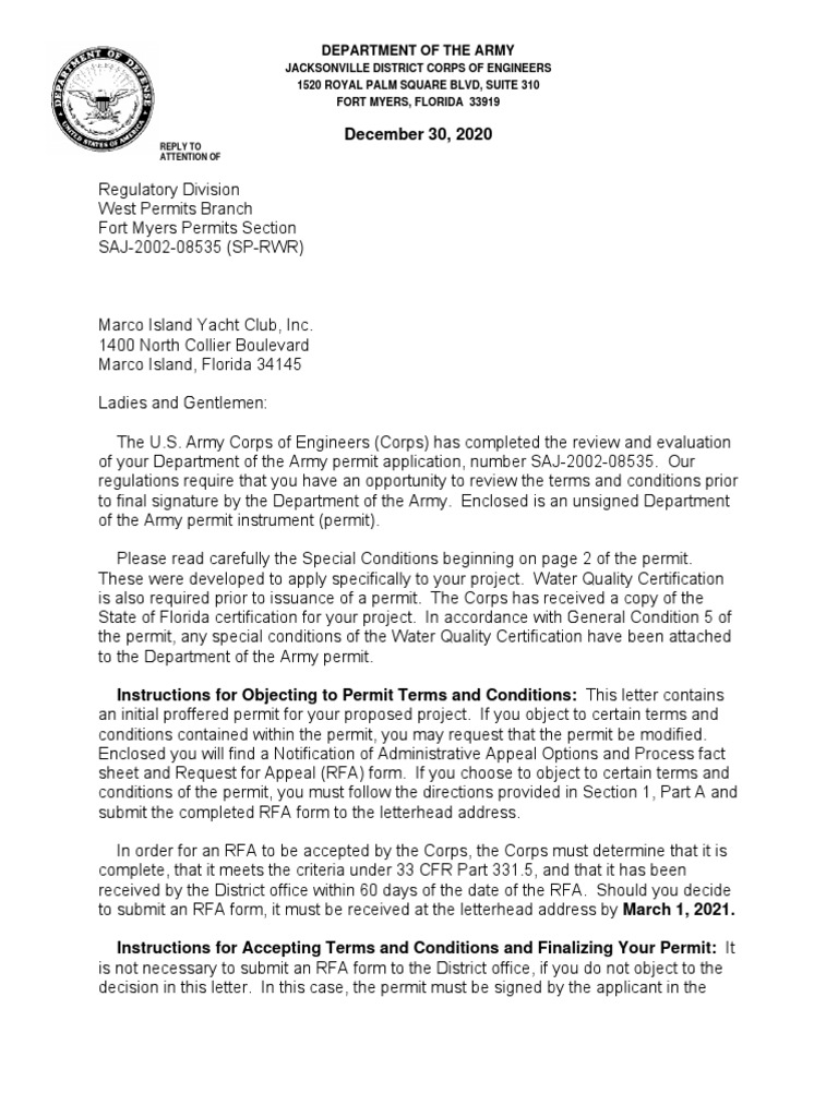 Department of The Army Permit Application SAJ-2002-08535 Letter To ...
