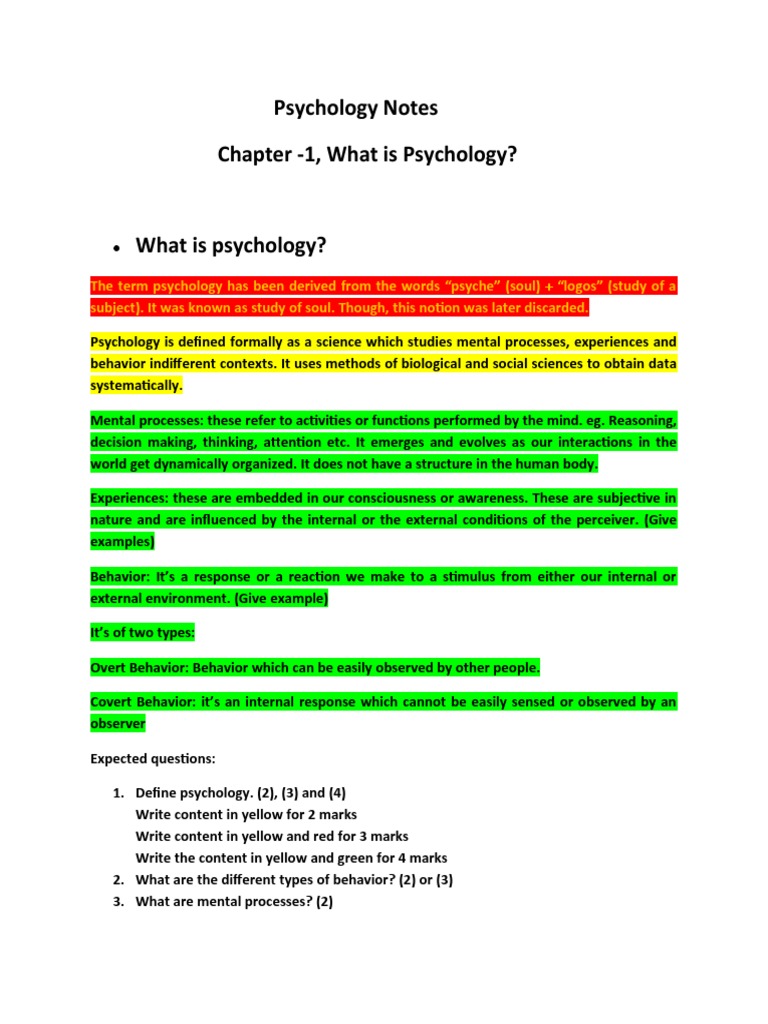 Psychology Notes Chapter - 1, What Is Psychology? | Download Free PDF ...