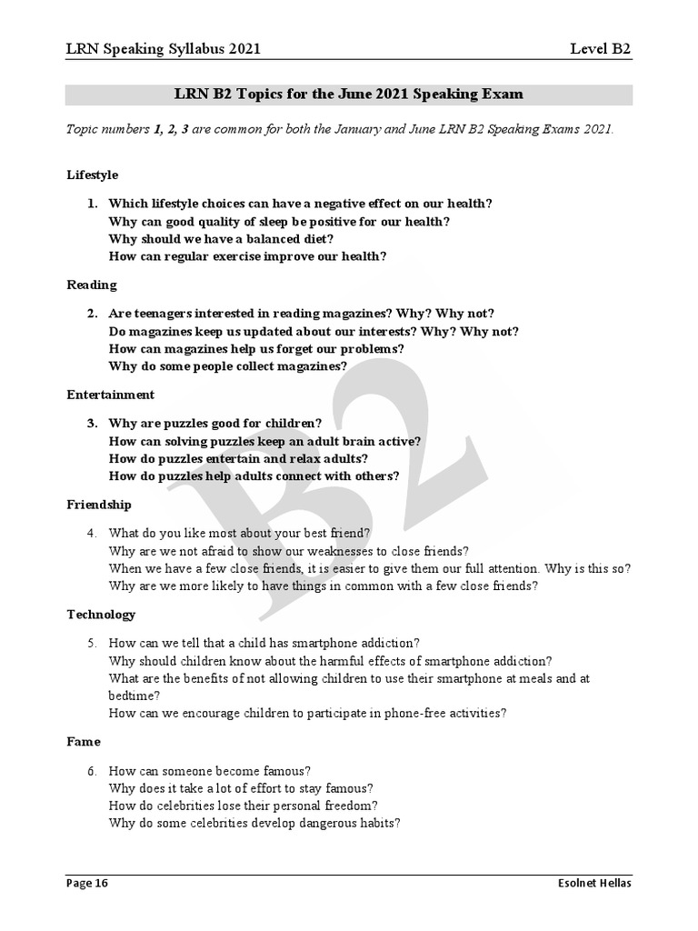 LRN Speaking Syllabus 2021 Level B2 LRN B2 Topics For The June 2021 ...
