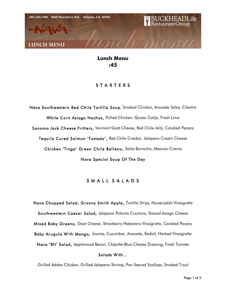 Nava Southwestern Lunch Menu | PDF | Latin American Cuisine | Food And ...