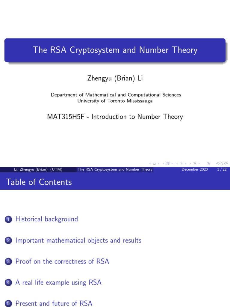 The RSA Cryptosystem and Number Theory: Zhengyu (Brian) Li | PDF ...
