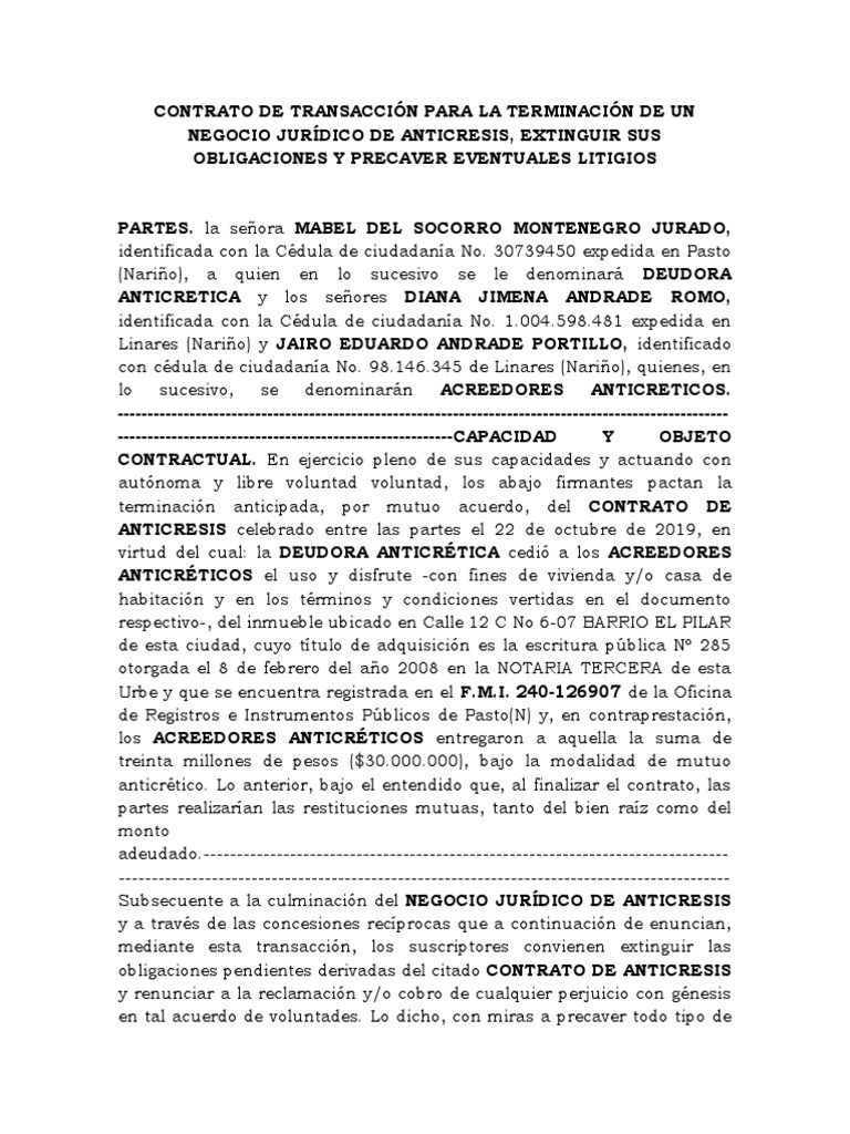 Contrato de Transacción Extrajudicial | PDF | Derecho empresarial ...