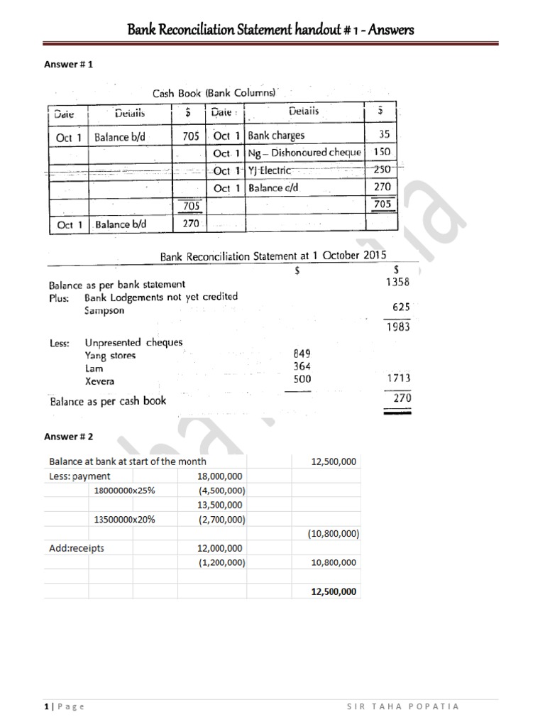 Bank Reconciliation Statement Handout # 1 - Answers | PDF
