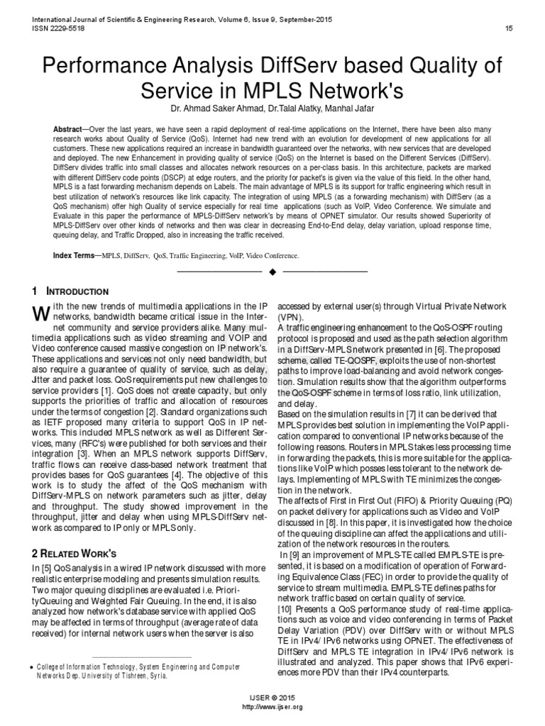 11 Performance Analysis Diffserv Based Quality Of Service In Mpls Network S Pdf Quality Of