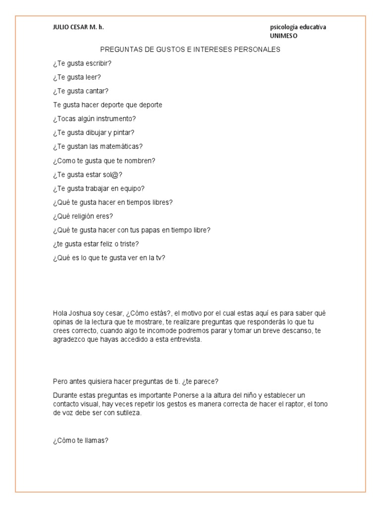 Preguntas de Gustos e Intereses Personales | PDF | Justicia | Crimen y ...