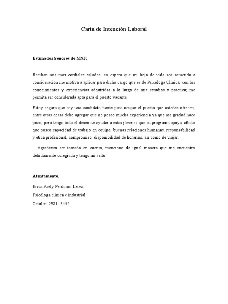 Modelo De Carta De Intención Para Solicitud De Empleo