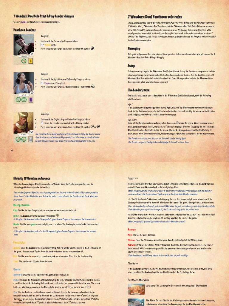 Rules for Introducing Pantheon Expansion Leaders and Components to 7 Wonders: Duel Solo Print ...