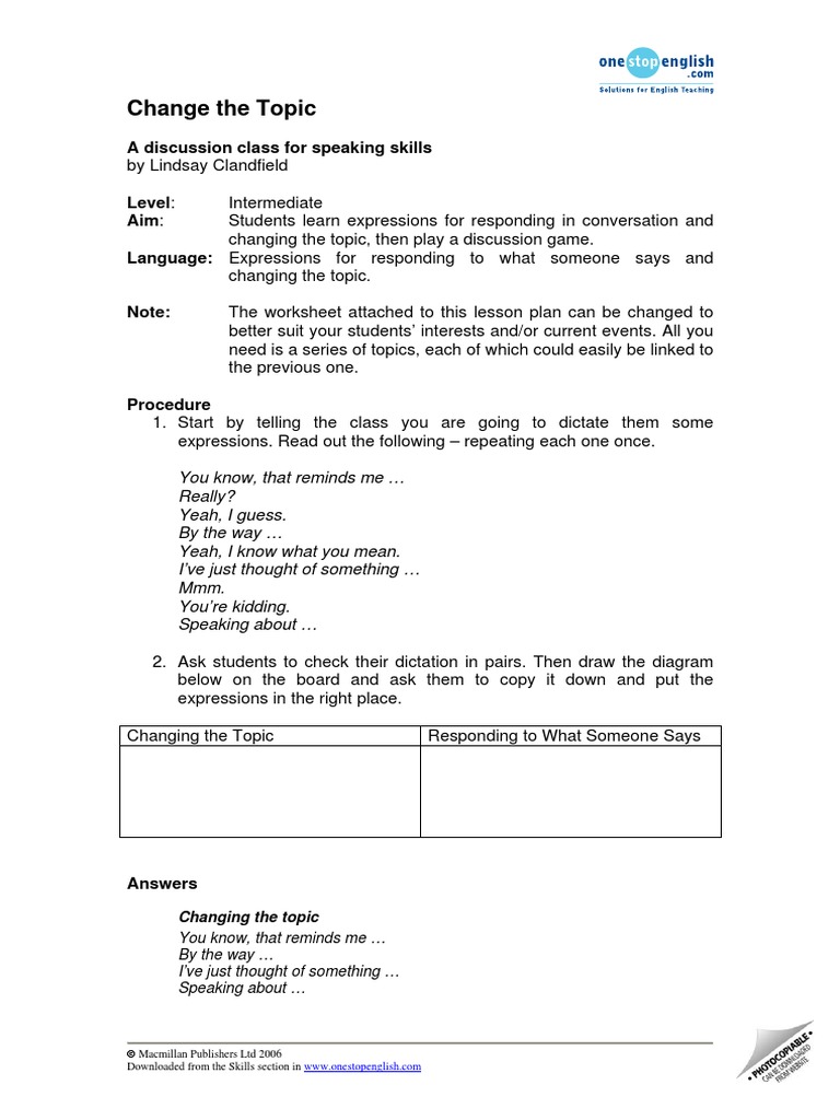 Change The Topic: A Discussion Class For Speaking Skills | PDF ...