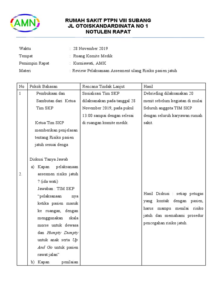 Notulen Sosialisasi Risiko Pasien Jatuh | PDF
