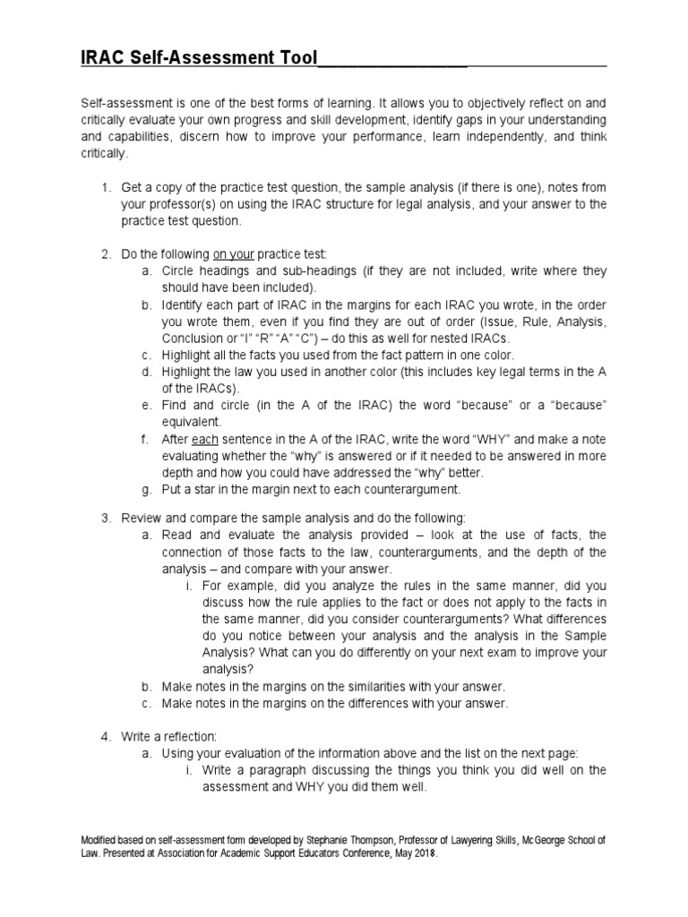 IRAC Self Assessment Handout | PDF | Question | Cognitive Science