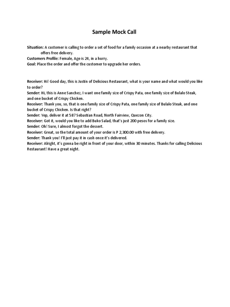 Sample Mock Call: Offers Free Delivery | PDF