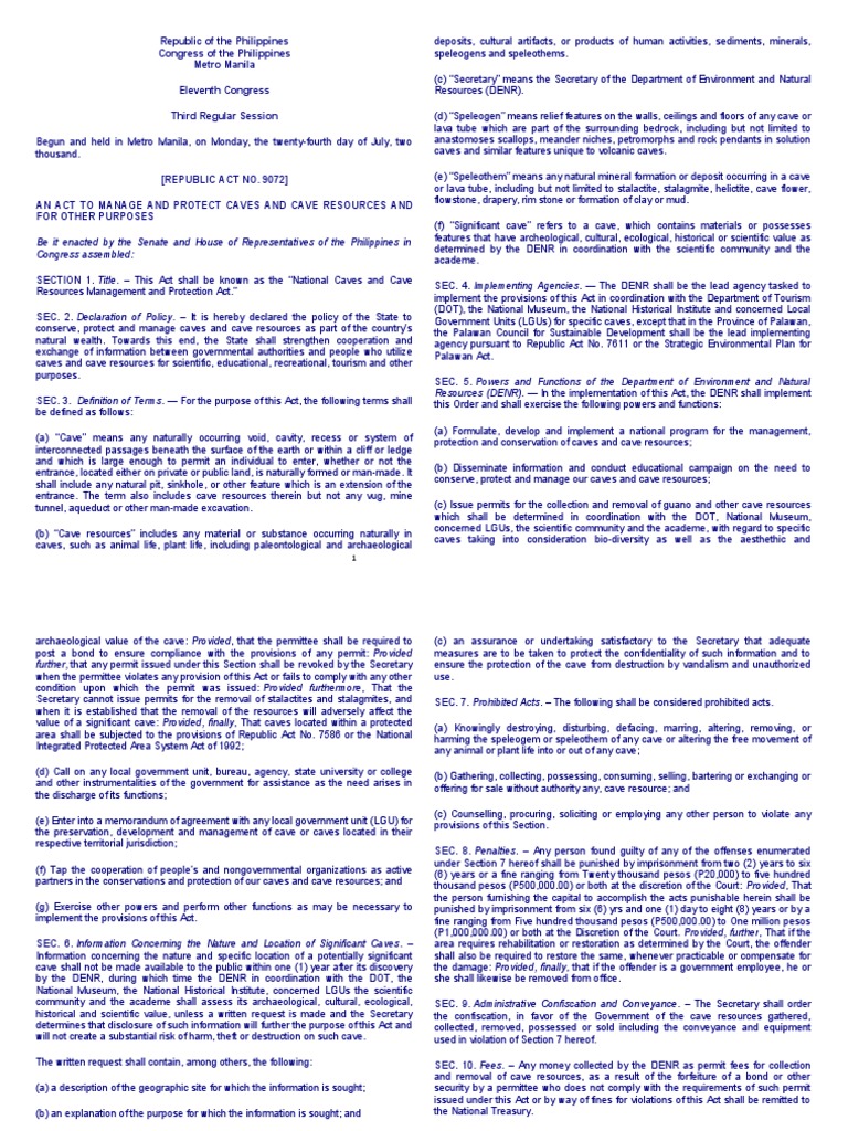 RA 9072 - National Caves Act | PDF | Science | Geology
