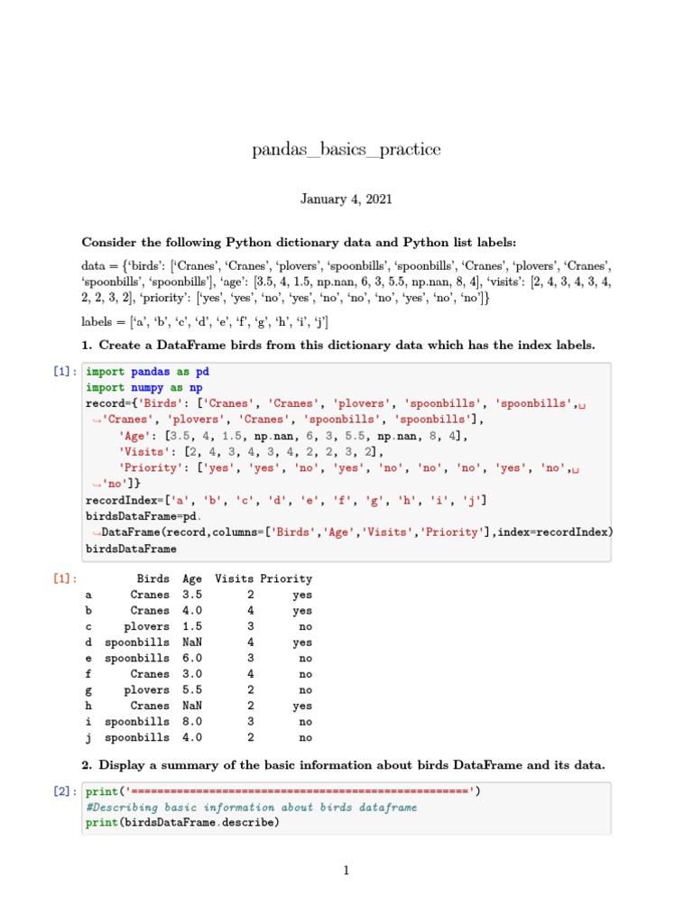 Pandas - Basics - Practice: Consider The Following Python Dictionary Data and Python List Labels ...