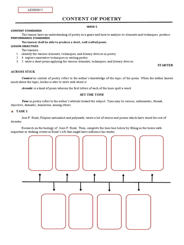 Content of Poetry: Week 5 Content Standards Performance Standards ...